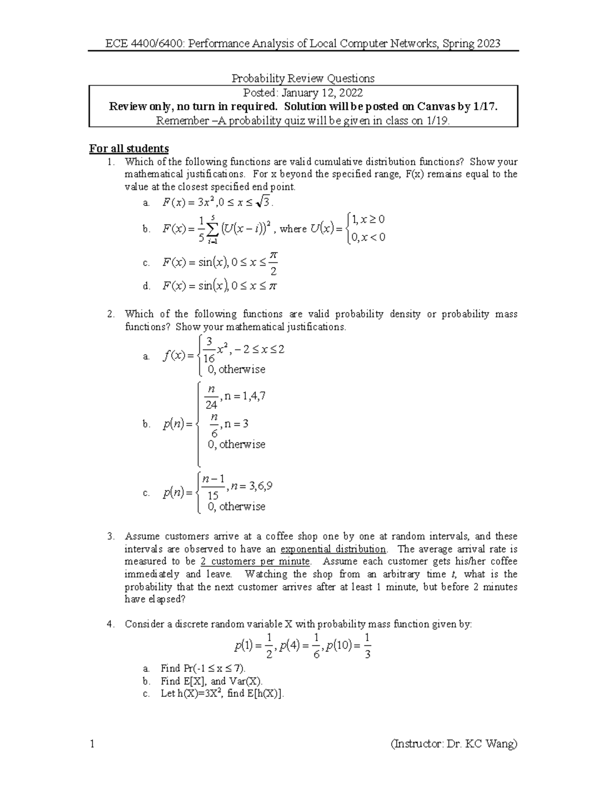 Probability Review Questions for ECE 44006400, Spring 2023 - Studocu