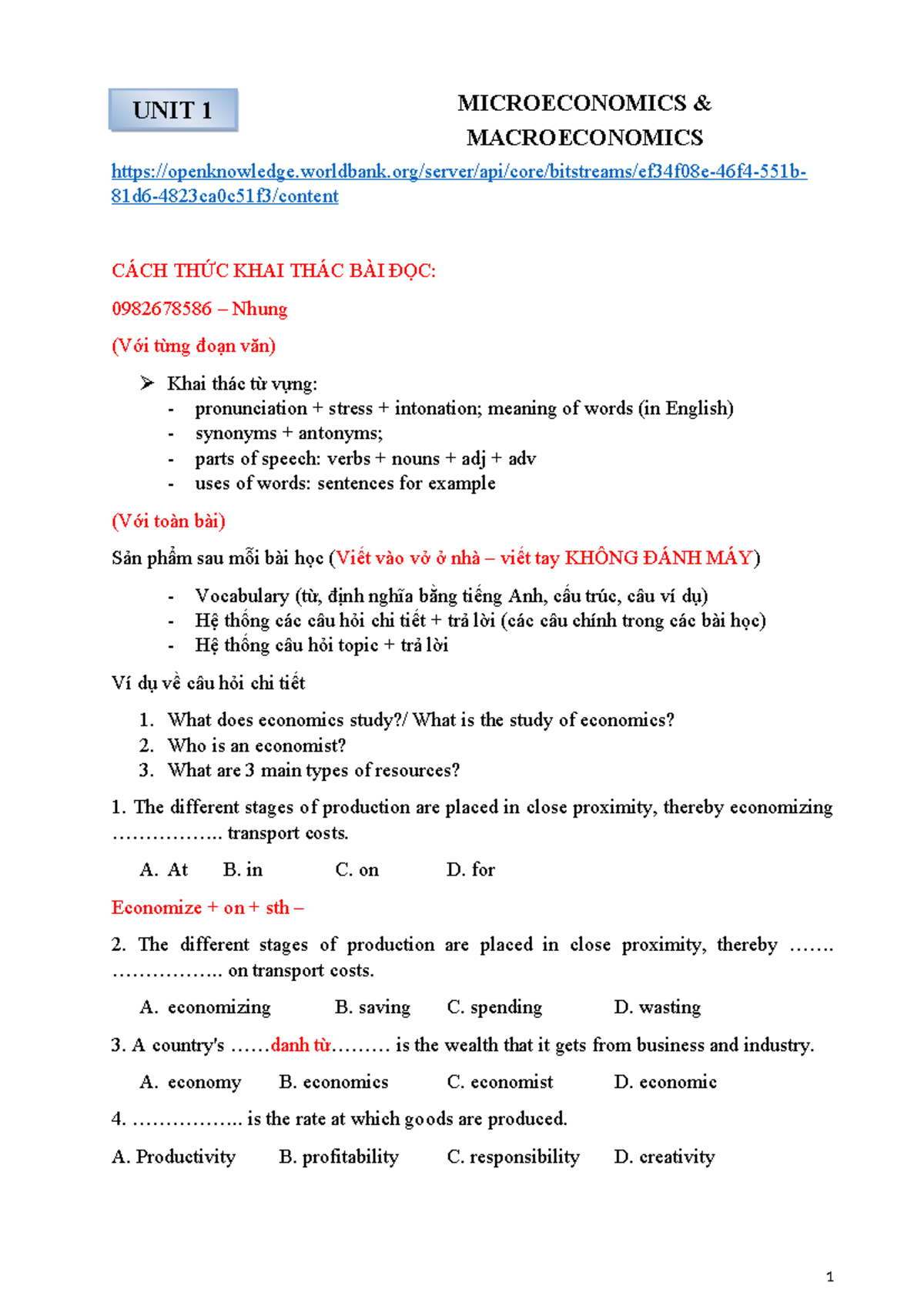 MICROECONOMICS & MACROECONOMICS UNIT 1: VOCABULARY & CONCEPTS - Studocu