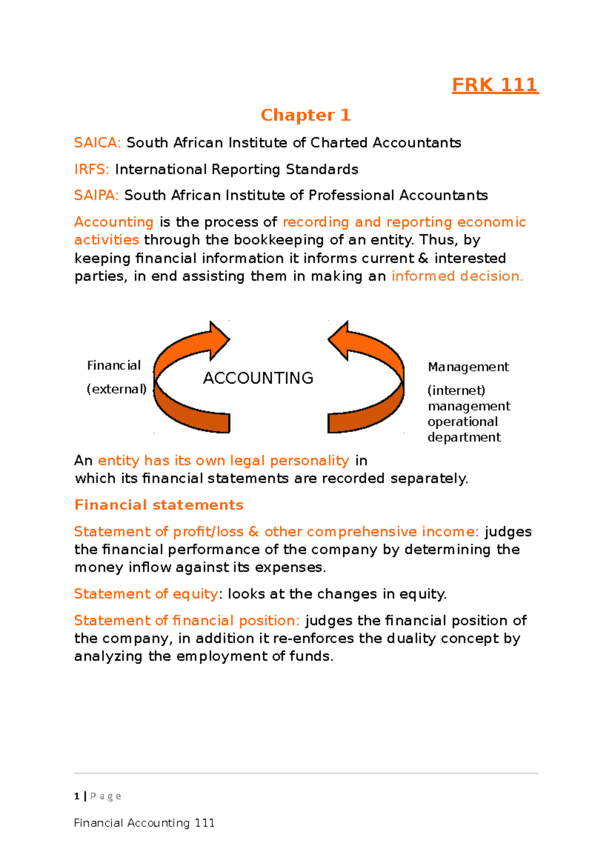 FRK 111: Summary of Chapters 1-3 on Accounting Principles and Concepts ...