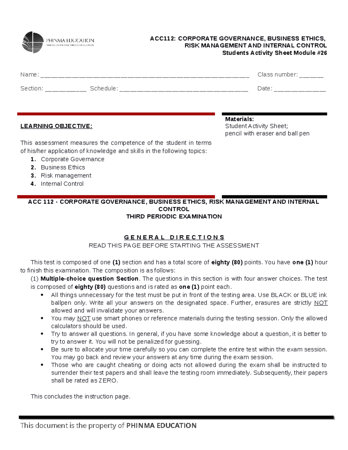 ACC 112 - Risk Management & Internal Control Final Exam P3 - Studocu