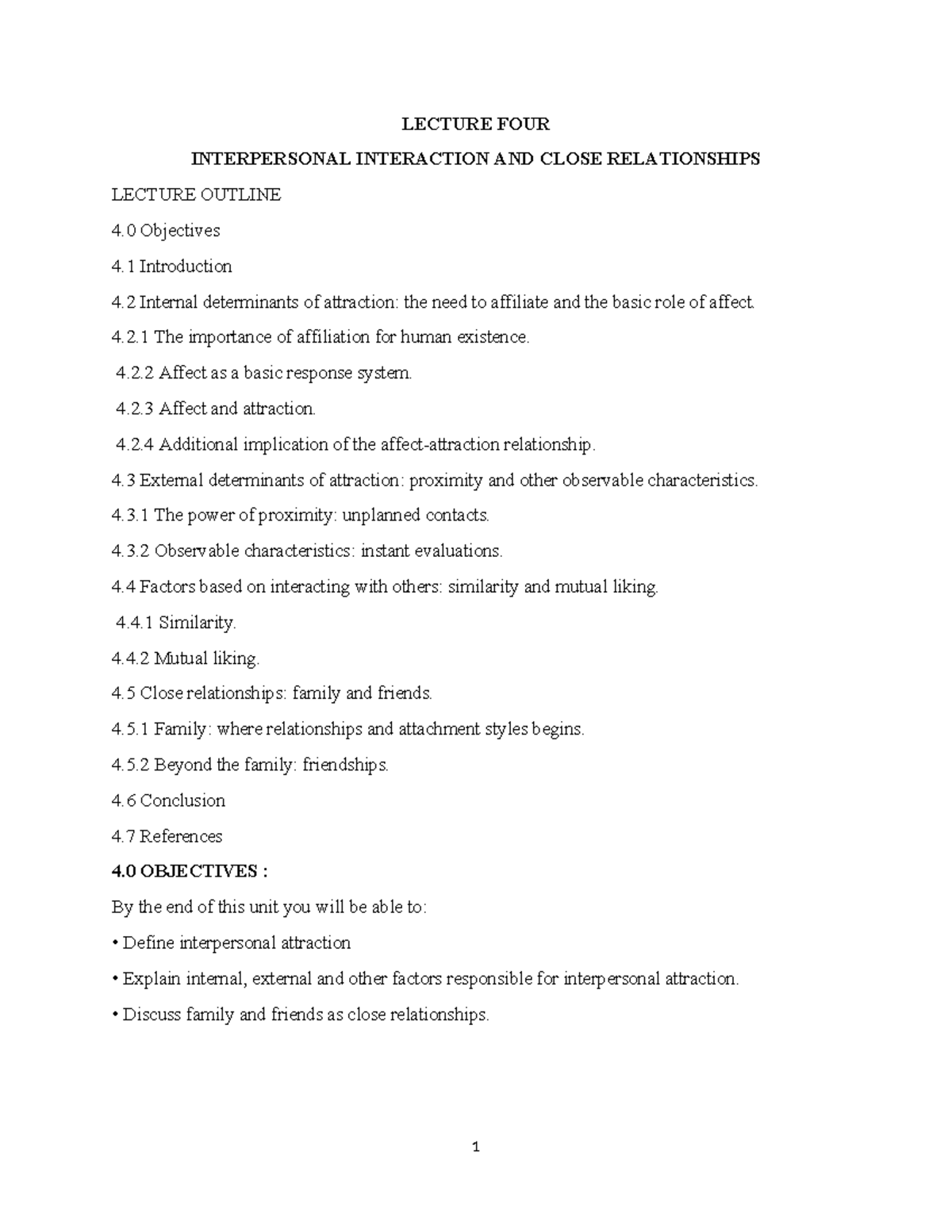 LECTURE 4: Interpersonal Interaction & Close Relationships Outline ...