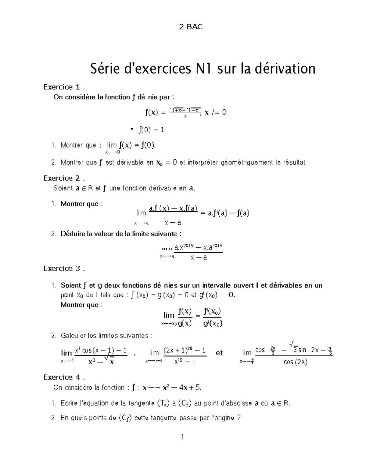 Exercices Corrigés N°2 : Dérivabilité et Analyse de Fonctions, 2 BAC ...