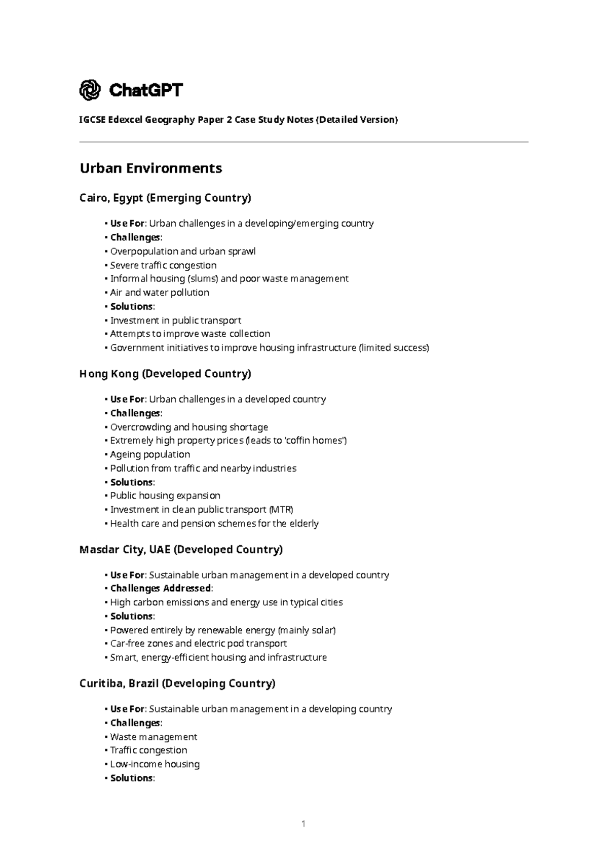IGCSE Edexcel Geography Paper 2 Case Study Notes: Urban Environments ...