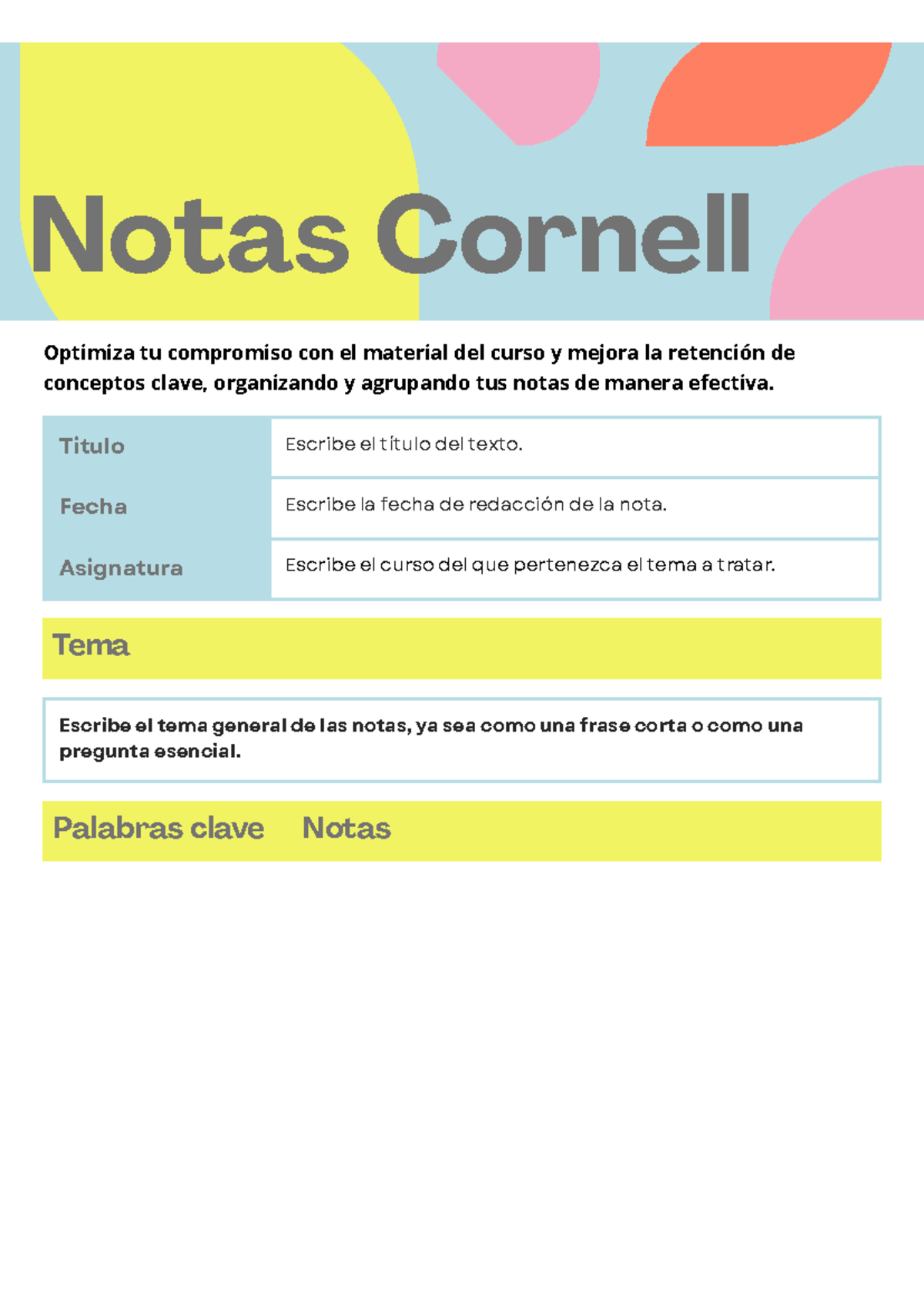 Plantilla Método Cornell - Notas de Estudio Efectivas - Studocu