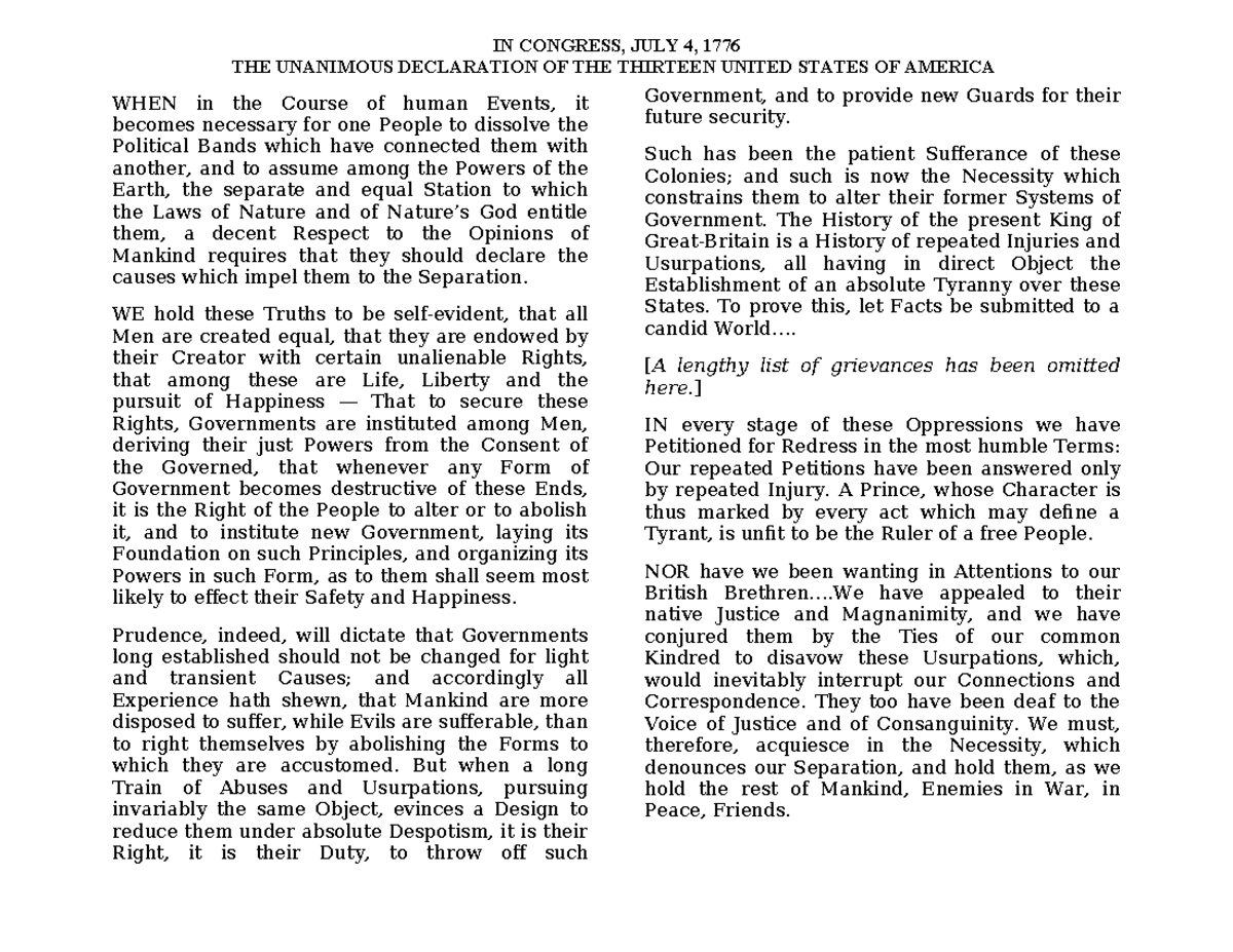 1776-07-04 Declaration of Independence - Summary & Questions - Studocu