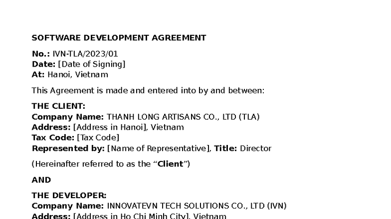 SOFTWARE DEVELOPMENT AGREEMENT: TLA & IVN Collaboration - Studocu