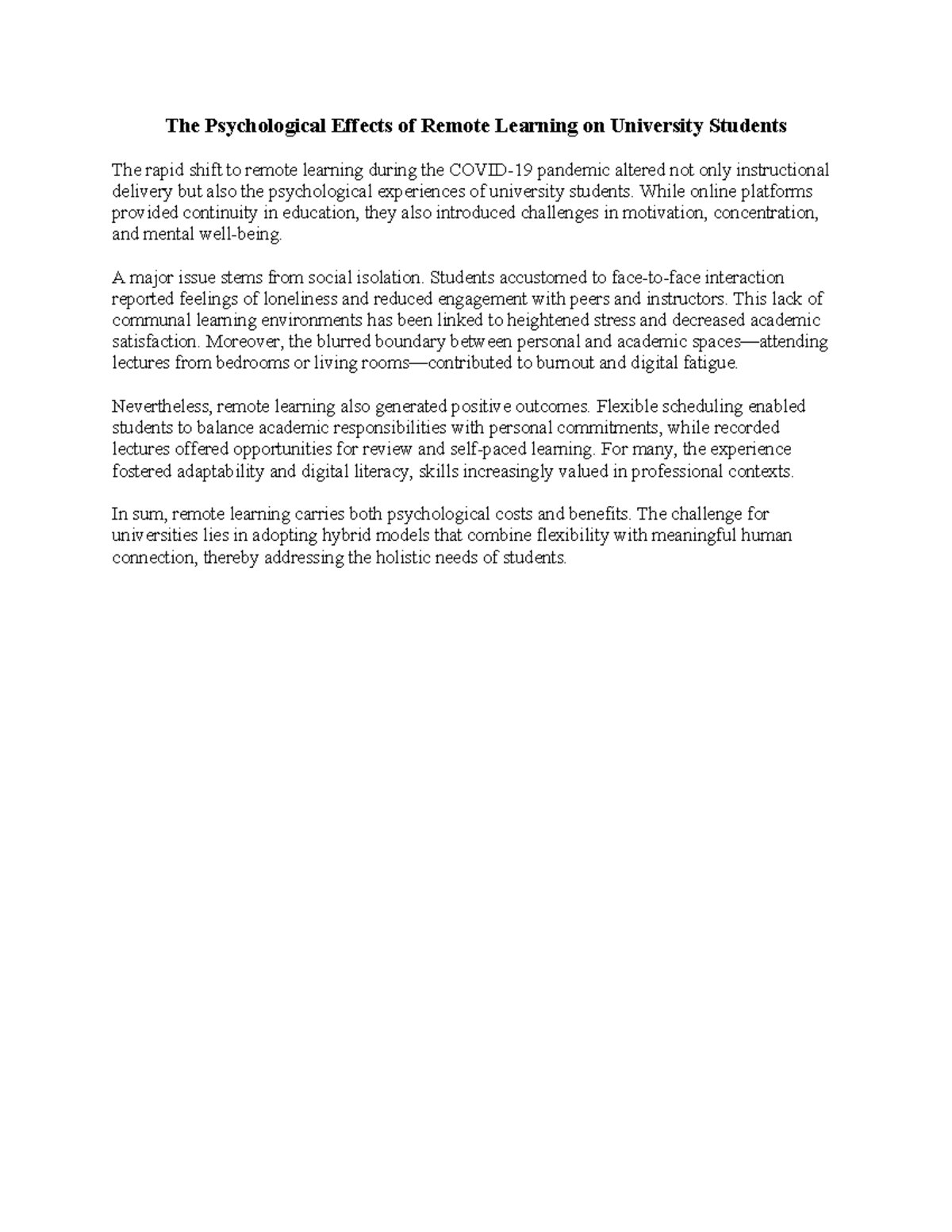 Psychological Impact of Remote Learning on Uni Students: A Study - Studocu