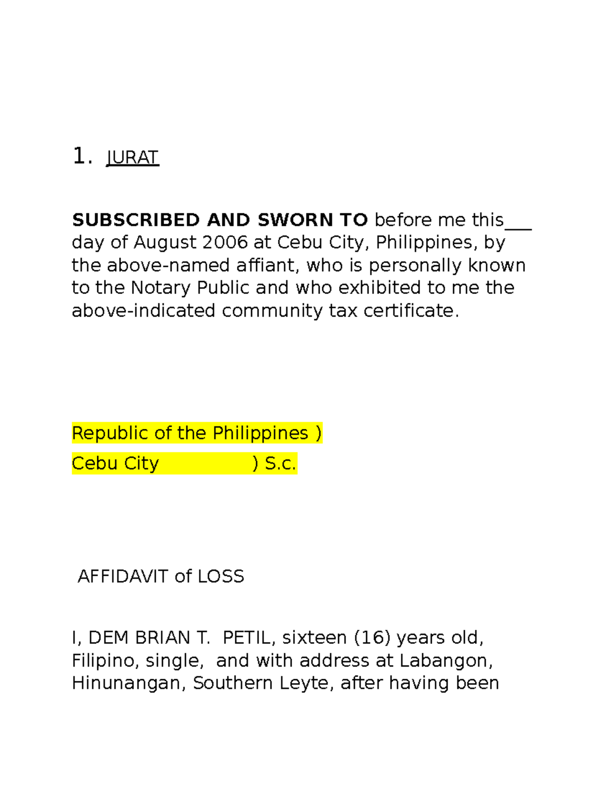Sample Forms BAR 2022 - 1. JURAT SUBSCRIBED AND SWORN TO before me this ...