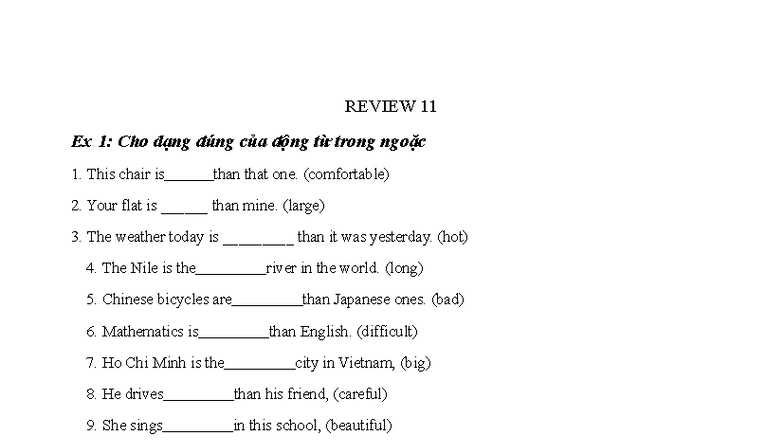 REVIEW 11: Exercise on Comparative and Superlative Forms - Studocu