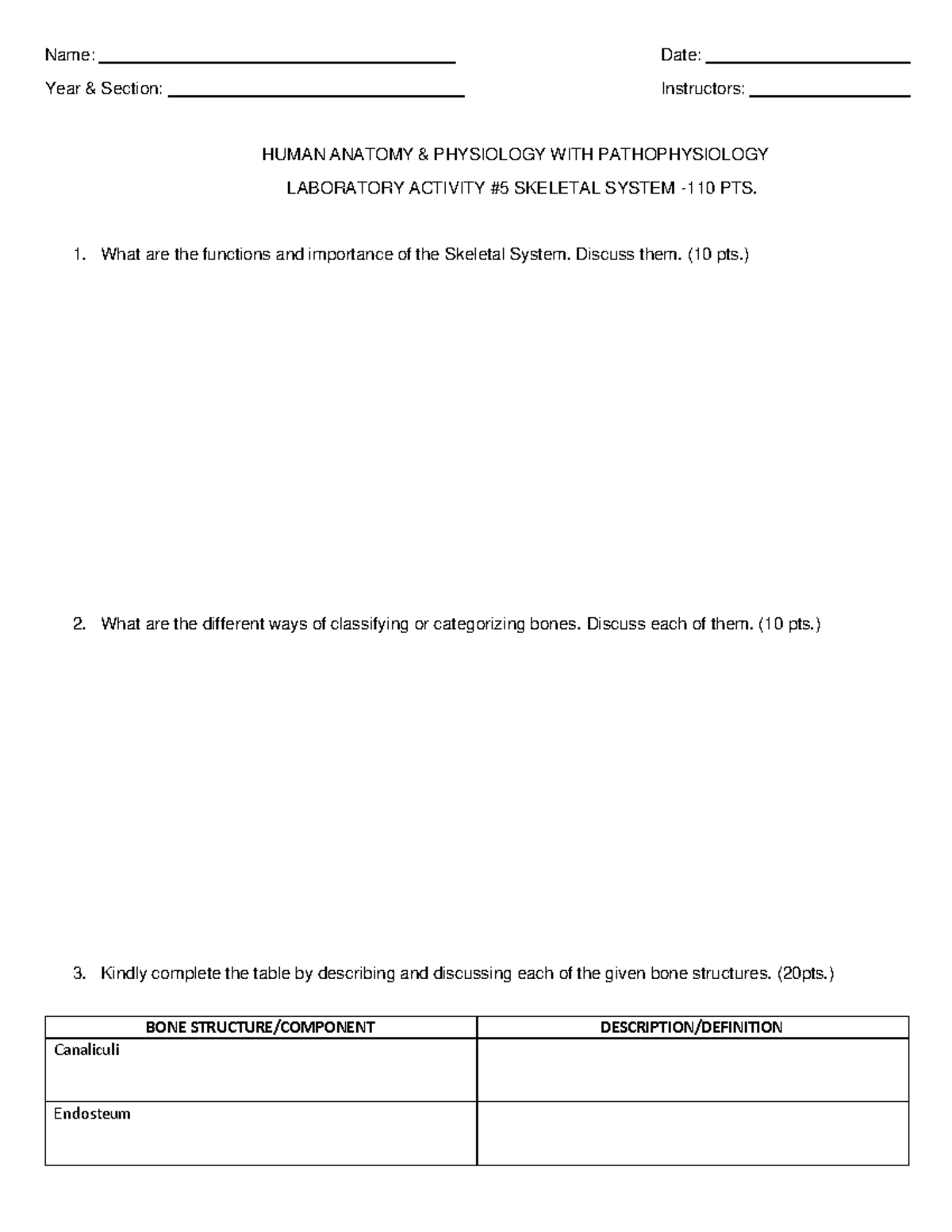 Human Anatomy Lab Activity #5: Exploring the Skeletal System - Studocu