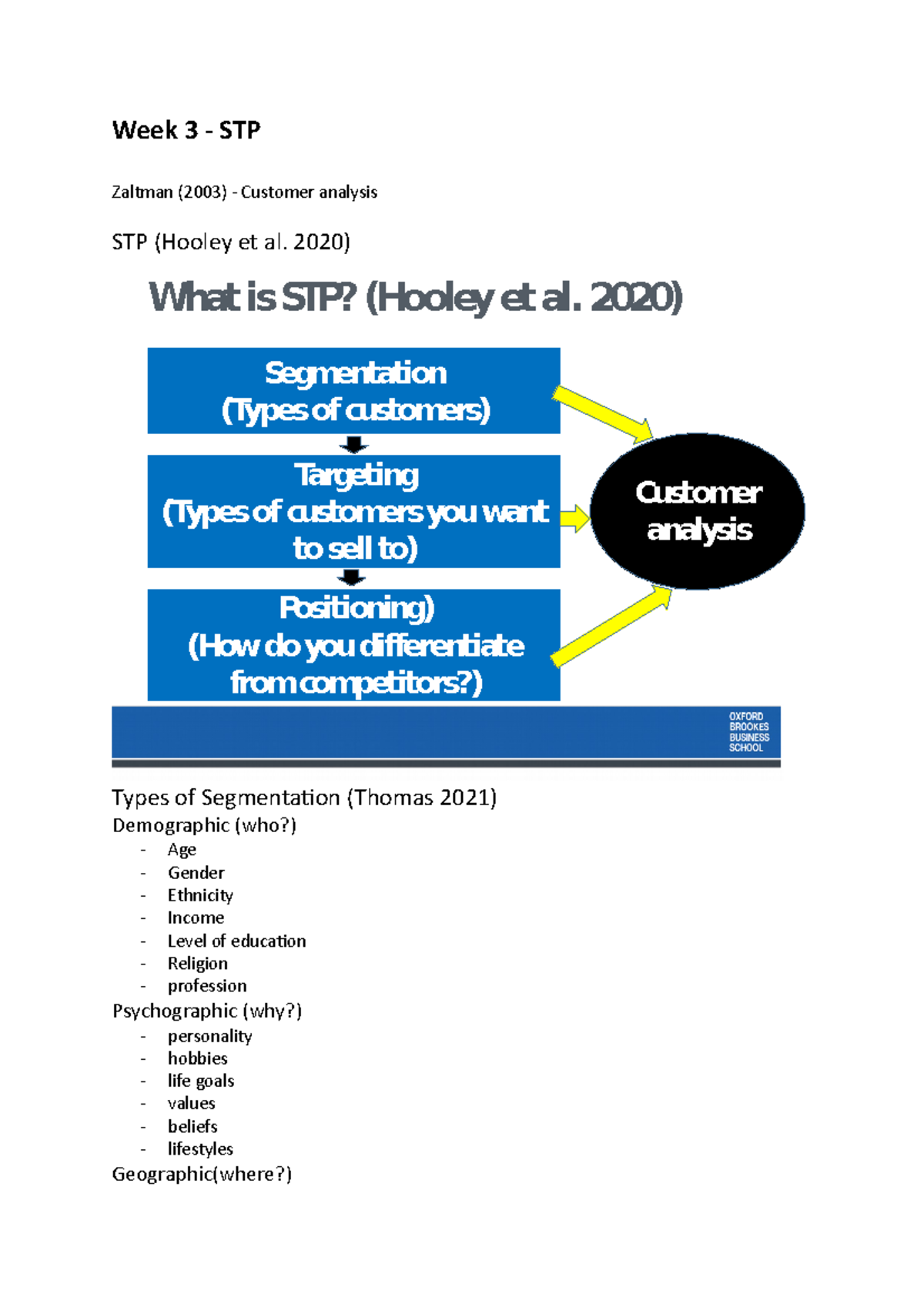 Week 3 - STP - lecture notes - Week 3 - STP Zaltman (2003) - Customer ...
