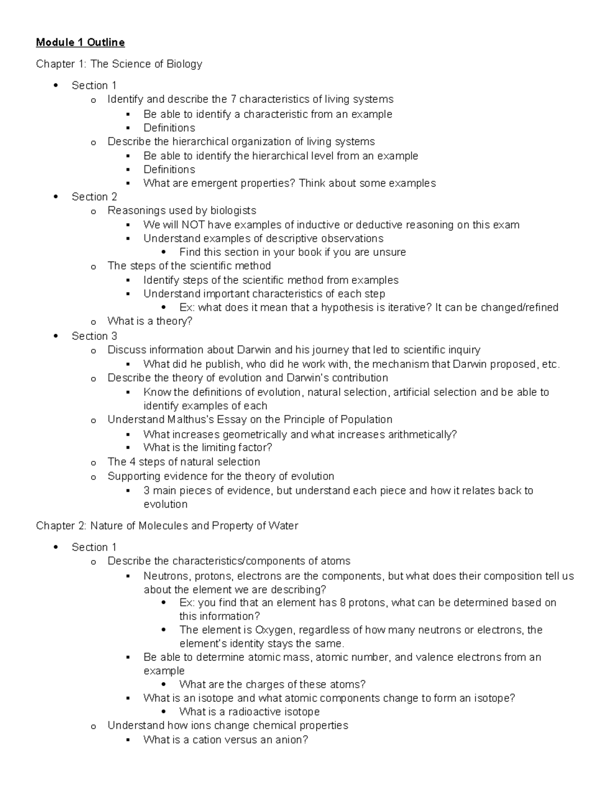 Biology Module 1 Outline: Concepts from Living Systems to ...