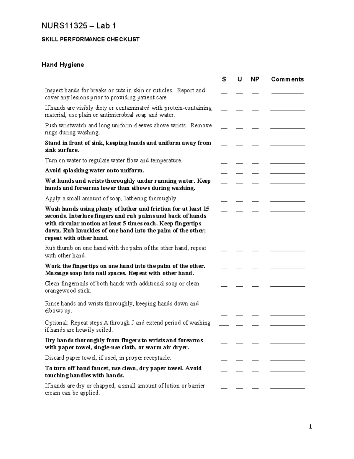 NURS11325 Lab 1 Hand Hygiene Skill Performance Checklist - Studocu