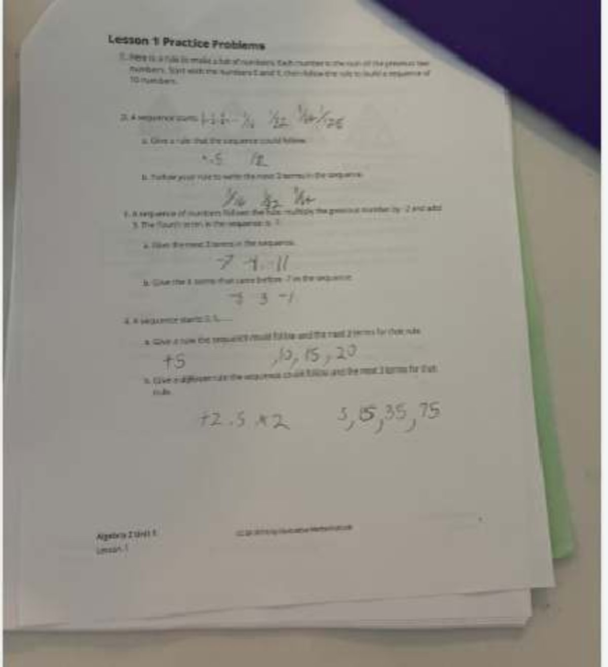 Algebra 2 Unit I Lesson 1 Practice Problems and Solutions - Studocu