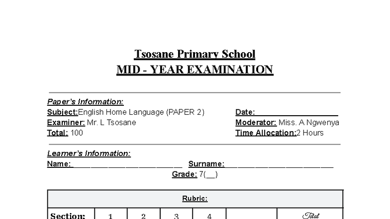 MID YEAR Examination - Tsosane Primary School MID - YEAR EXAMINATION ...