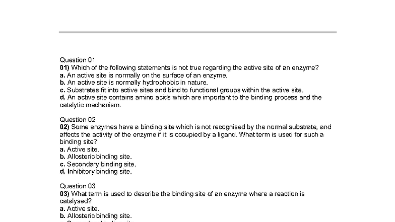 MCQs on Enzyme Structure & Function (Course Code: BIO101) - Studocu