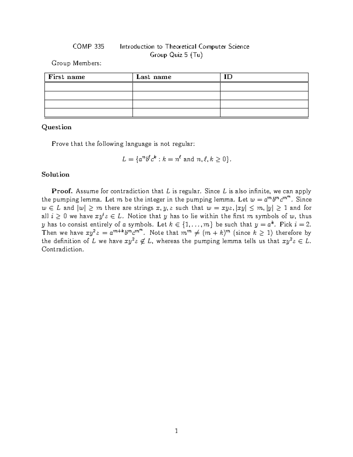 COMP 335 Group Quiz 5: Language Regularity Proof - Studocu