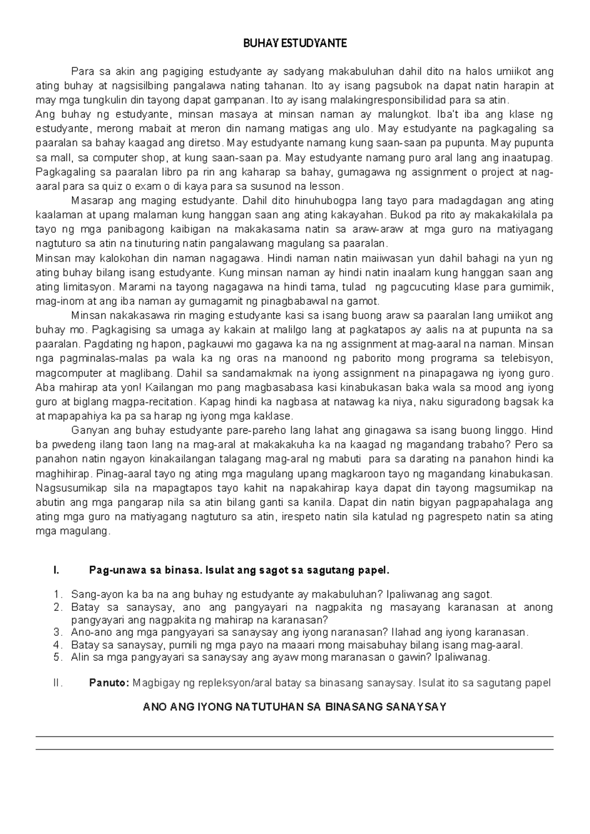 Buhay Estudyante: Sanaysay at Pagsusuri ng Karanasan - Studocu