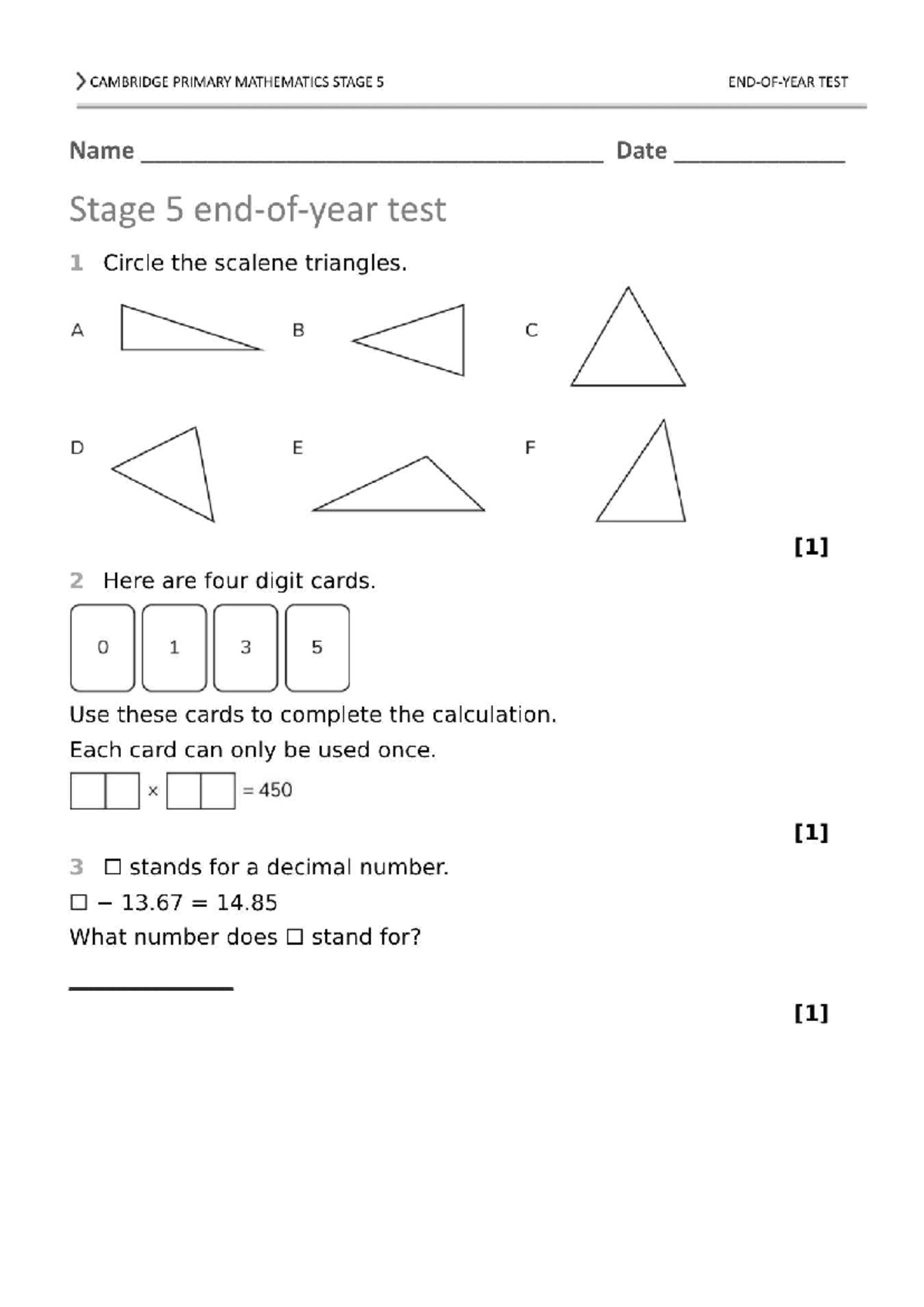 CAMBRIDGE PRIMARY MATHEMATICS STAGE 5 TEST - ANSWERS - Studocu