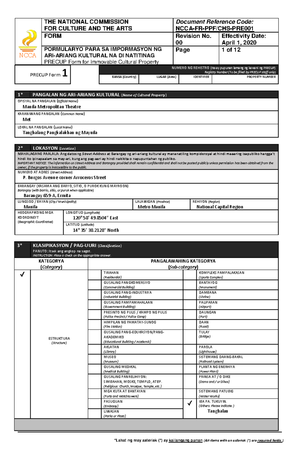 NCCA PRECUP Form for Immovable Cultural Property (2021 Simulation ...