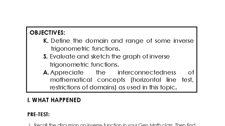 09 Pre Cal-Q2 Inverse Trigonometric Functions Study Guide - Studocu