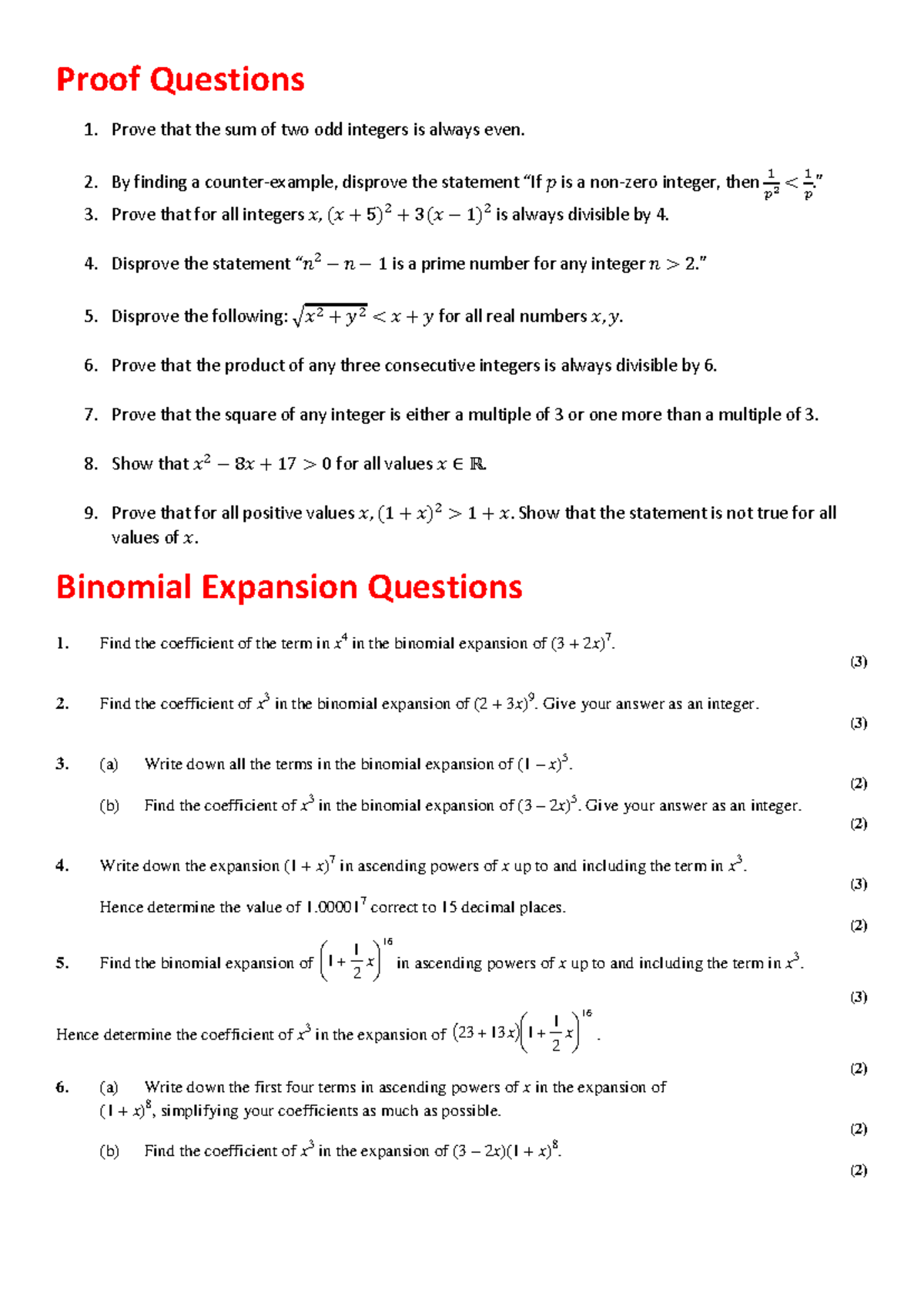 Proof and Binomial Expansion Questions (Math 101) - Studocu