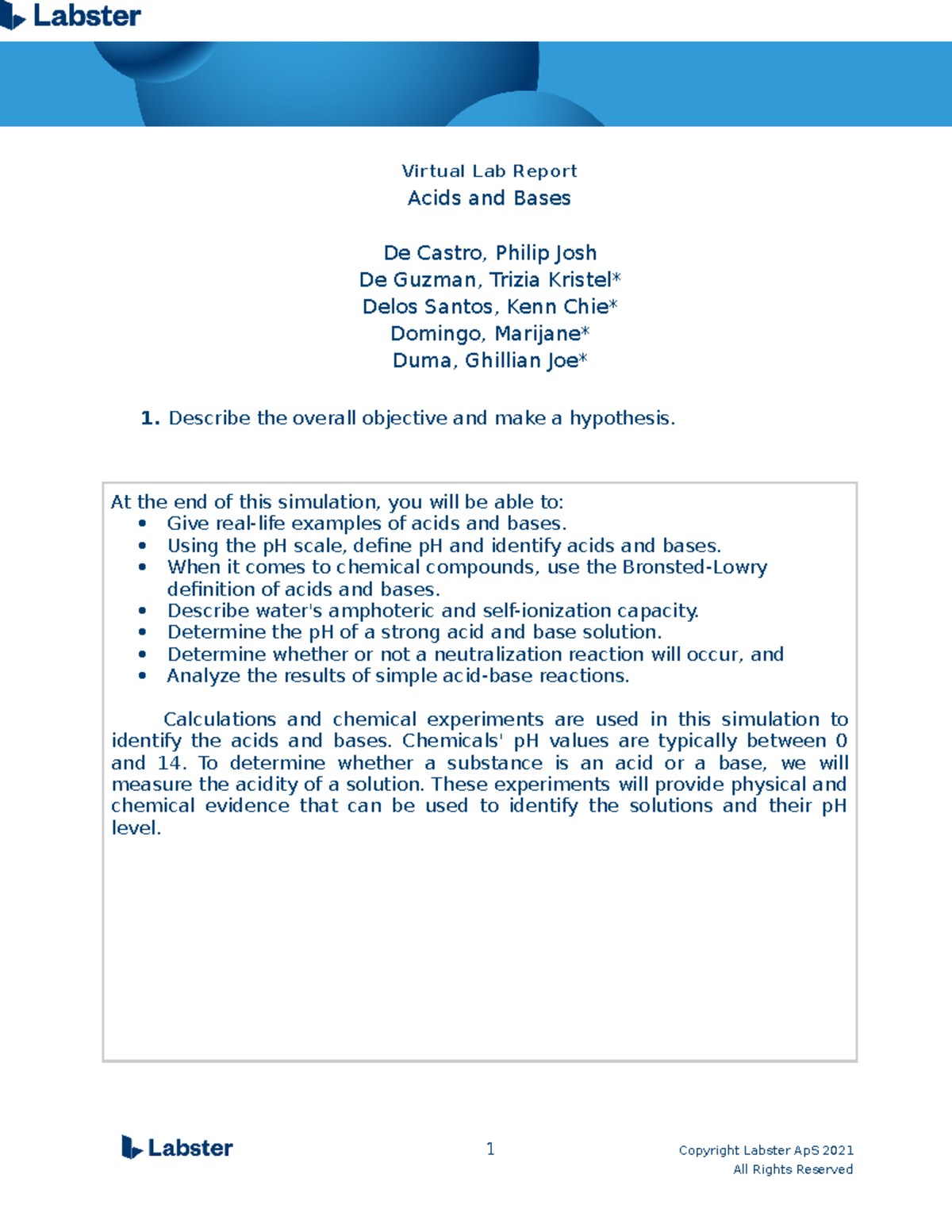 LAB Report - labster - Virtual Lab Report Acids and Bases De Castro ...