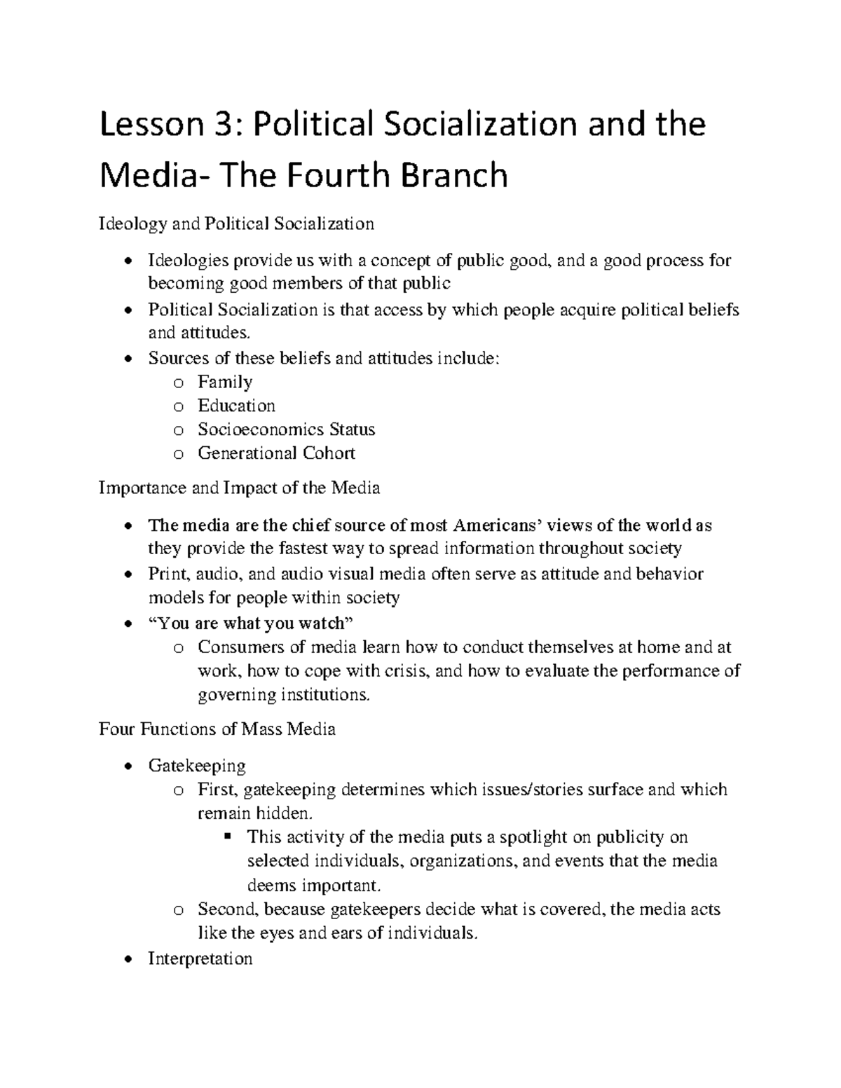 Lesson 3- Political Socialization and the Media Notes - Lesson 3 ...