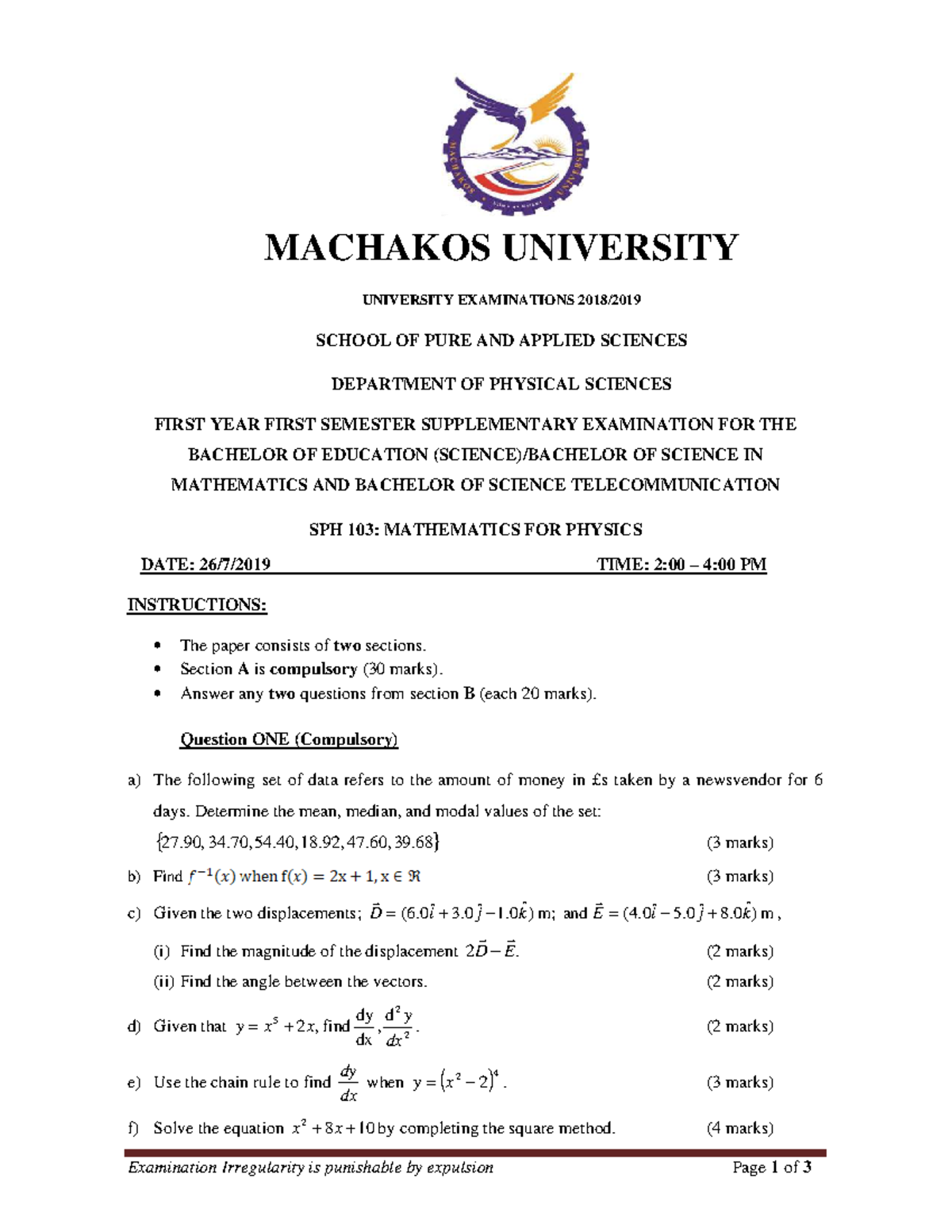 SPH 103: Mathematics for Physics - Supplementary Exam Guide - Studocu
