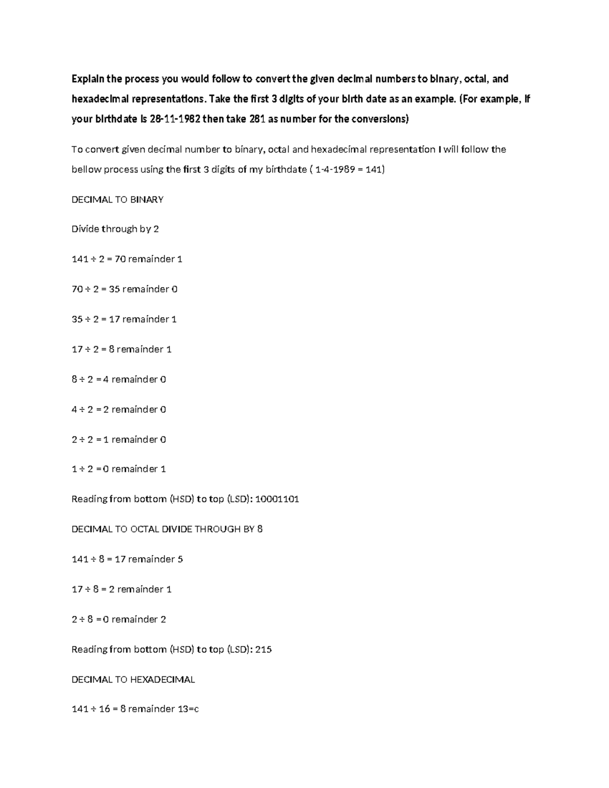 Converting Decimal Numbers to Binary, Octal & Hexadecimal (CS101) - Studocu