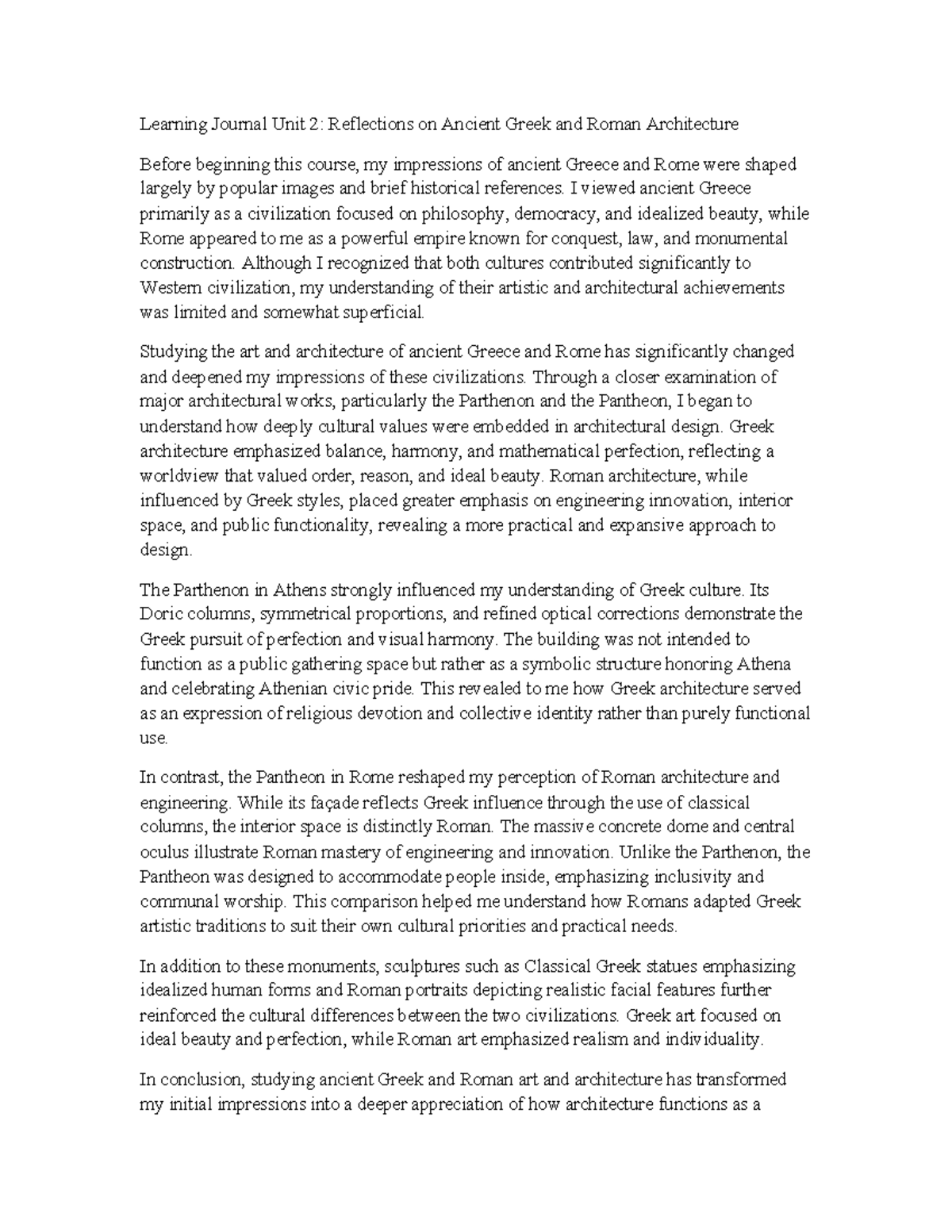 LJU2: Reflections on Ancient Greek & Roman Architecture - Studocu