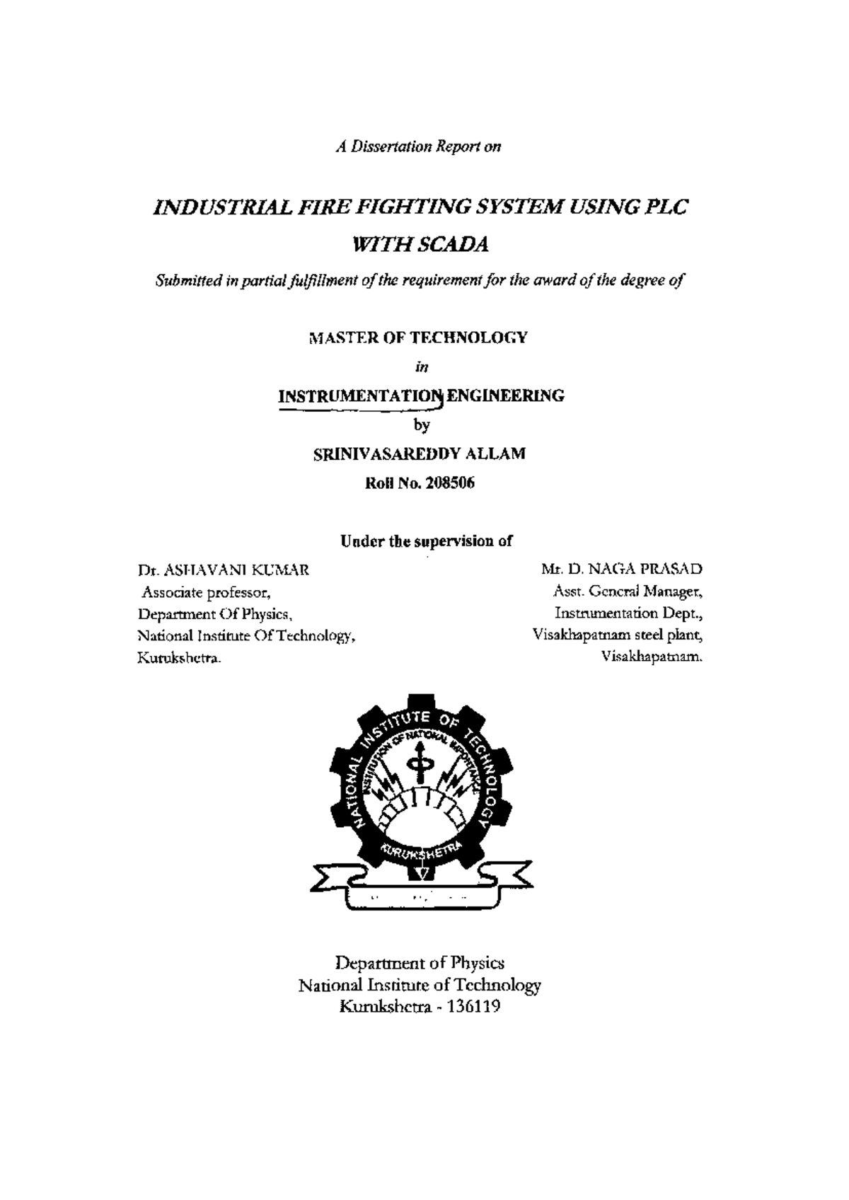 Industrial Fire Fighting System using PLC with Scada - A Dissertation ...