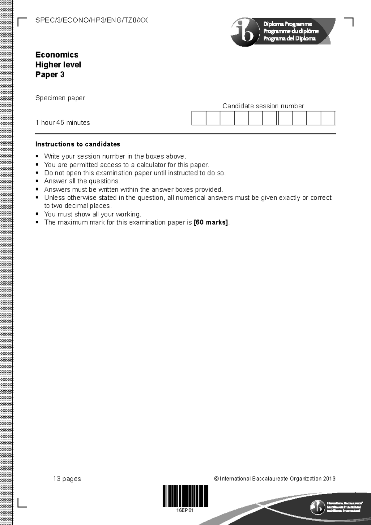 Economics HL P3 Specimen Paper with Marking Instructions - Studocu