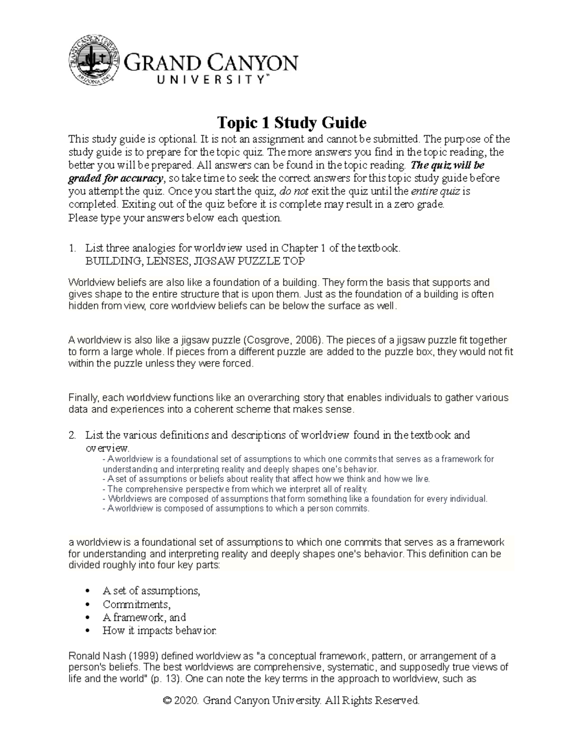 Topic 1 Study Guide for CWV101: Understanding Worldviews - Studocu