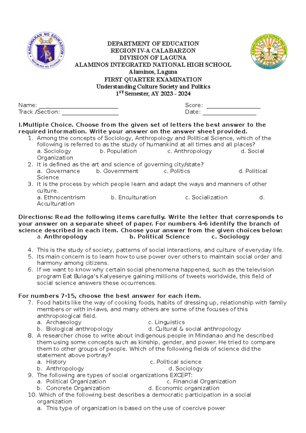 UCSP-1ST SEMESTER FINAL EXAM - Understanding Culture, Society ...