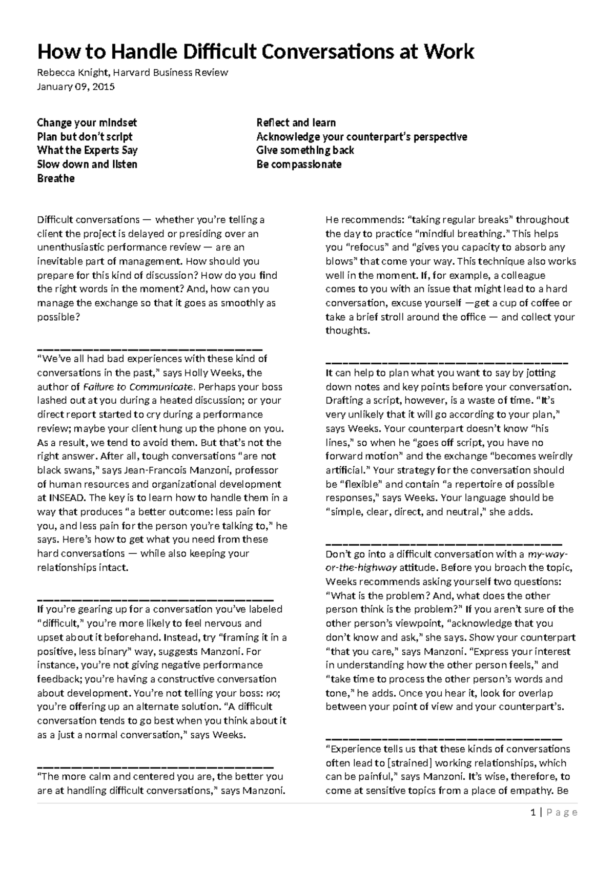 READ Difficult Conversations HBR SH: Strategies for Effective ...