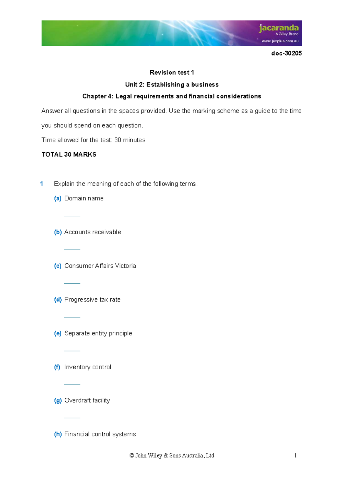 Test A - Business Prac Test: Unit 2 Revision on Legal & Financial ...