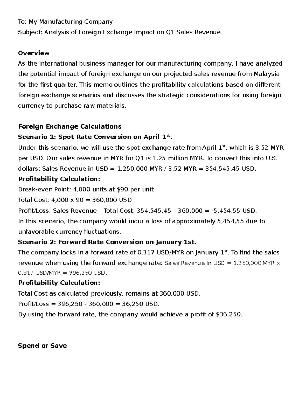 Module 4: Foreign Exchange - To: My Manufacturing Company Subject ...