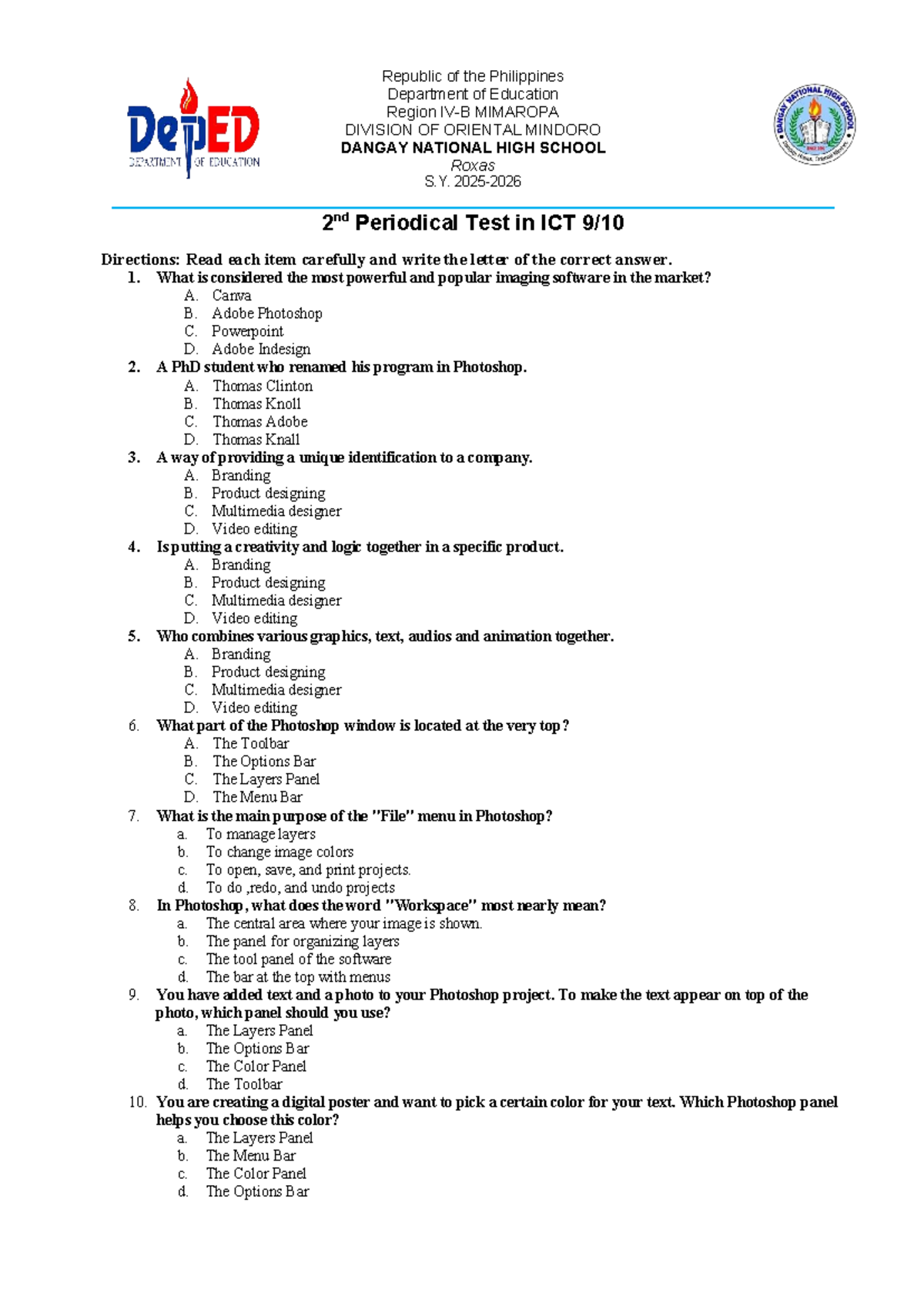 2nd Periodical Test in ICT (S.Y. 2023) - Dangay National High School ...