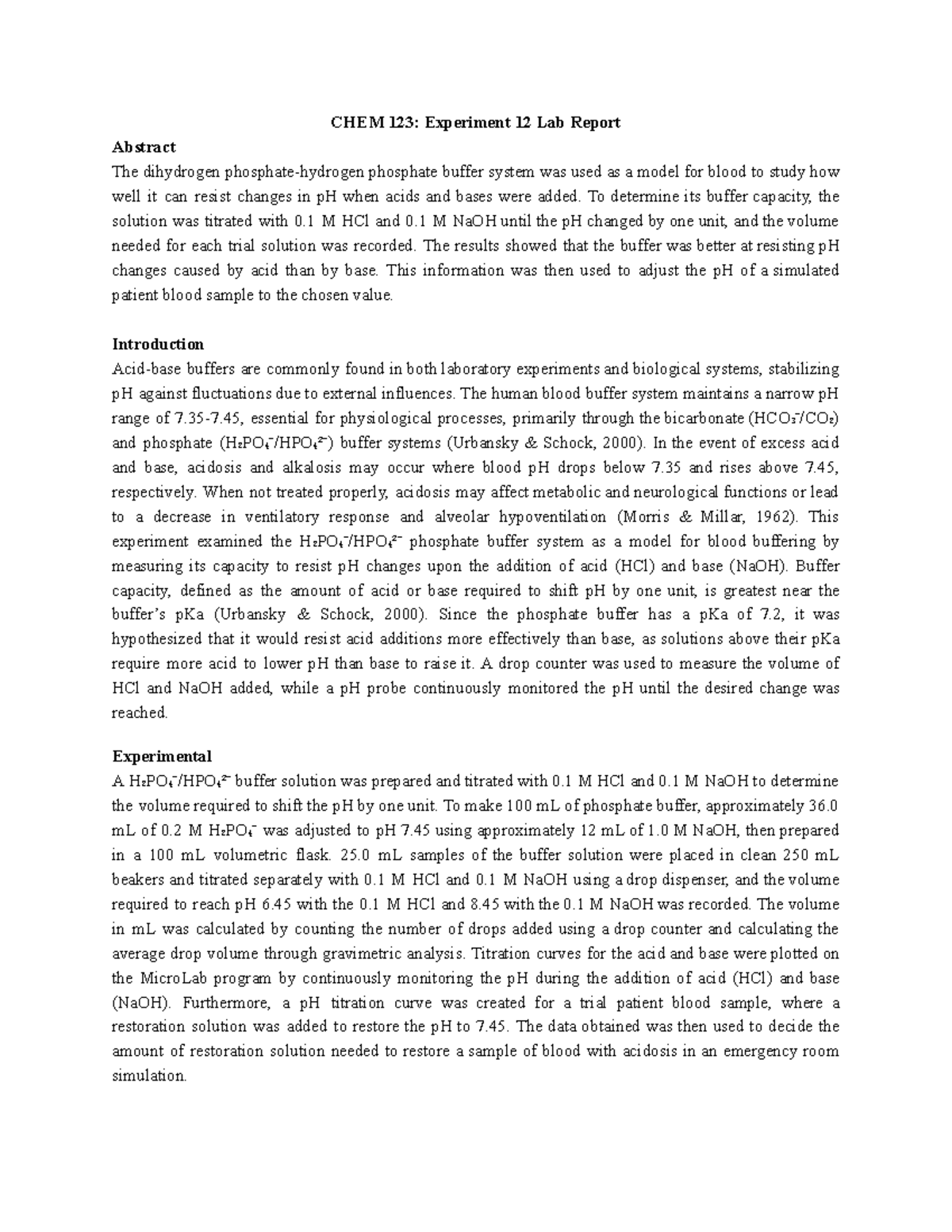 CHEM 123 Experiment 12: Buffer Capacity and pH Regulation Lab Report - Studocu