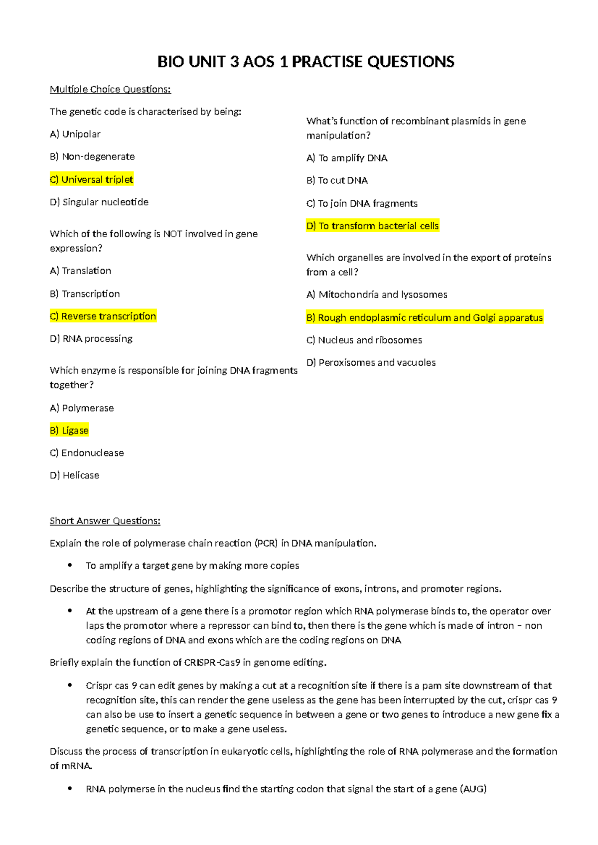 BIO UNIT 3 AOS 1 Practise Questions - BIO UNIT 3 AOS 1 PRACTISE ...