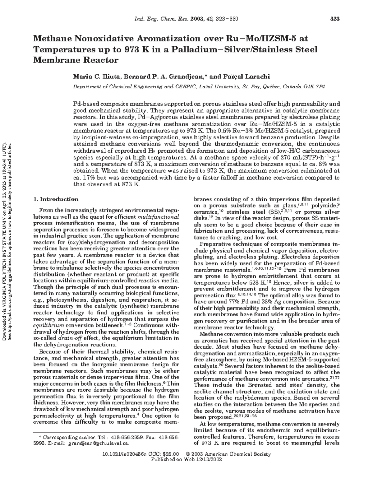 Grandjean et al. 2002: Methane Nonoxidative Aromatization over Ru/Mo ...