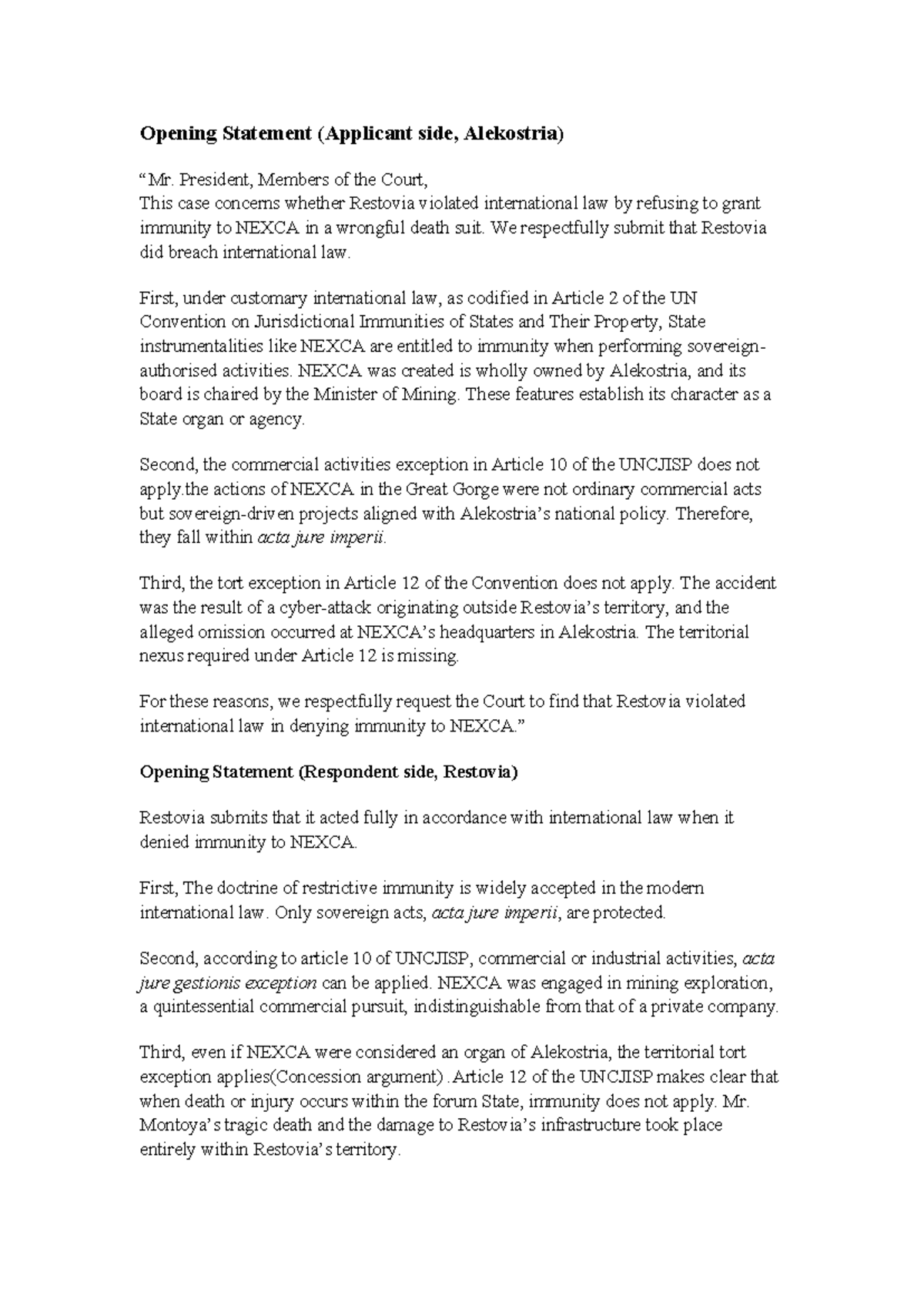 Opening Statement Analysis: NEXCA vs. Restovia (Case 2123) - Studocu