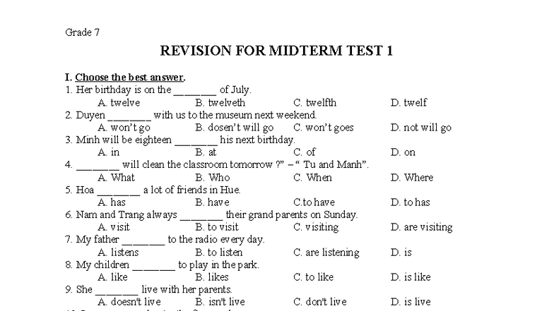 Grade 7 Midterm Test 1 Revision: Multiple Choice Questions - Studocu