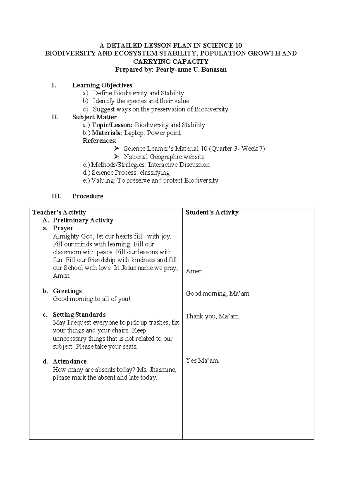 Biodiversity and Ecosystem Stability Lesson Plan for Science 10 - Studocu