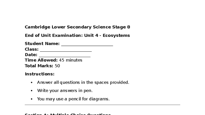 Cambridge Lower Secondary Science Stage 8 Unit 4 Ecosystems Exam - Studocu
