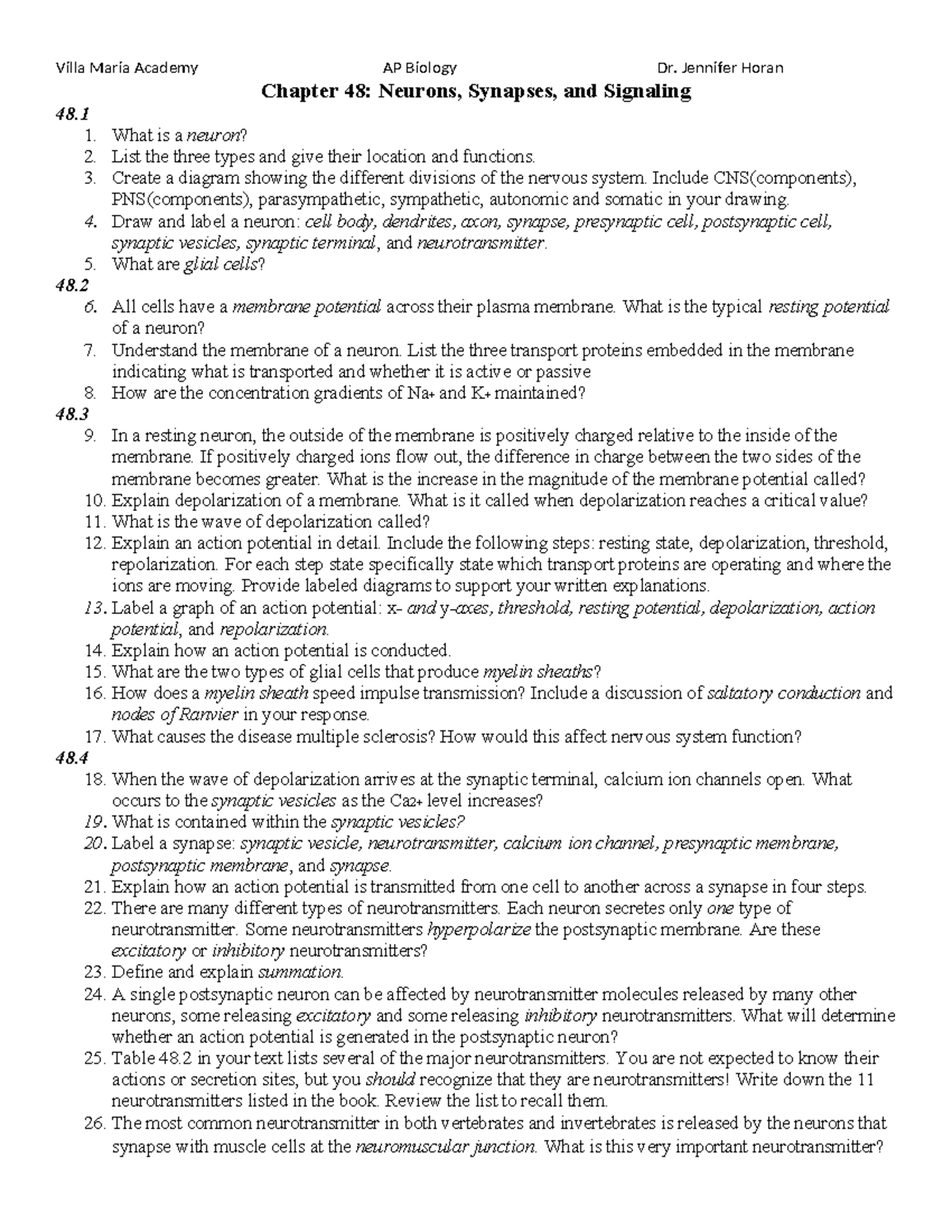 AP Biology Chapter 48 Study Guide: Neurons, Synapses, and Signaling ...