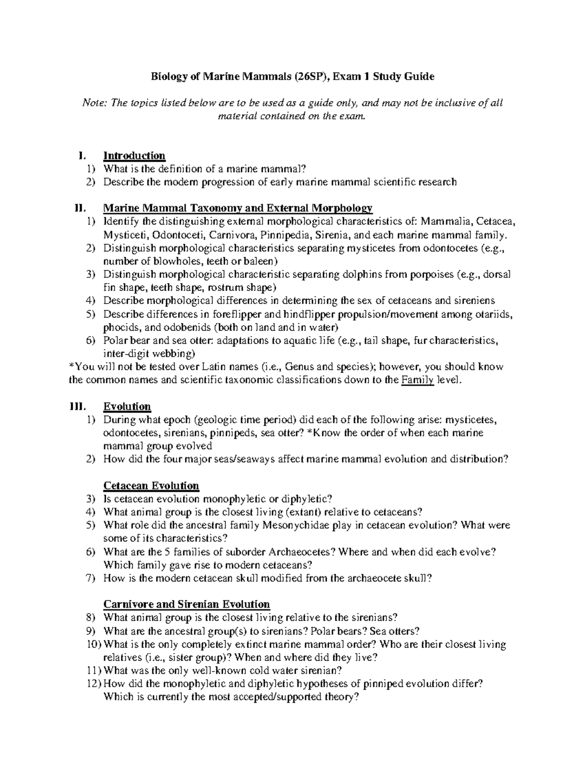 Marine Mammals Biology (26SP) Exam 1 Study Guide - Studocu