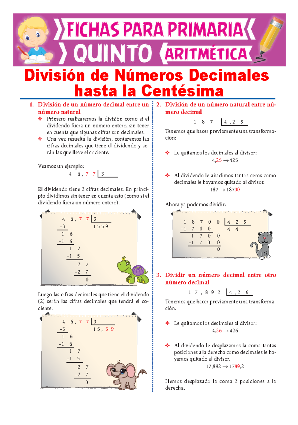 División de Decimales hasta la Centésima para Quinto de Primaria - 1 ...