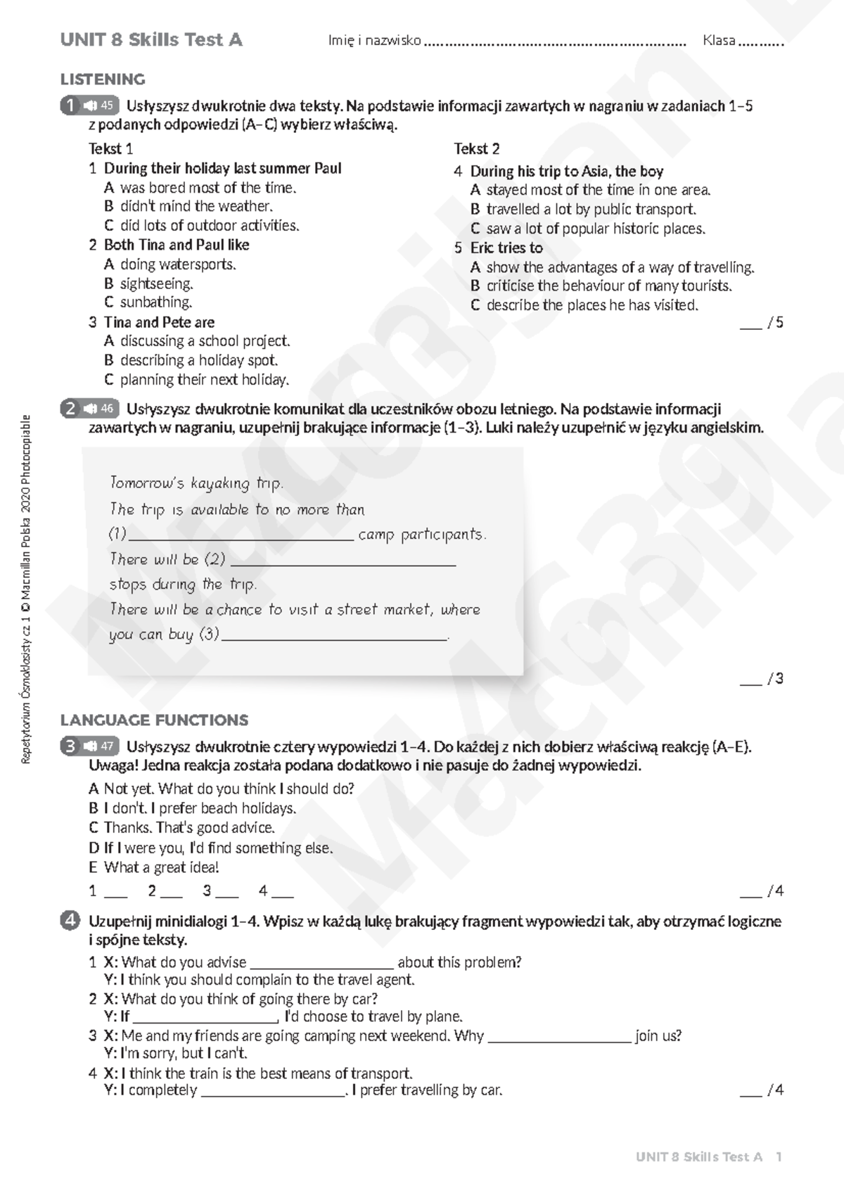 Unit 8 Skills Test A - Repetytorium dla klasy 8 - Studocu